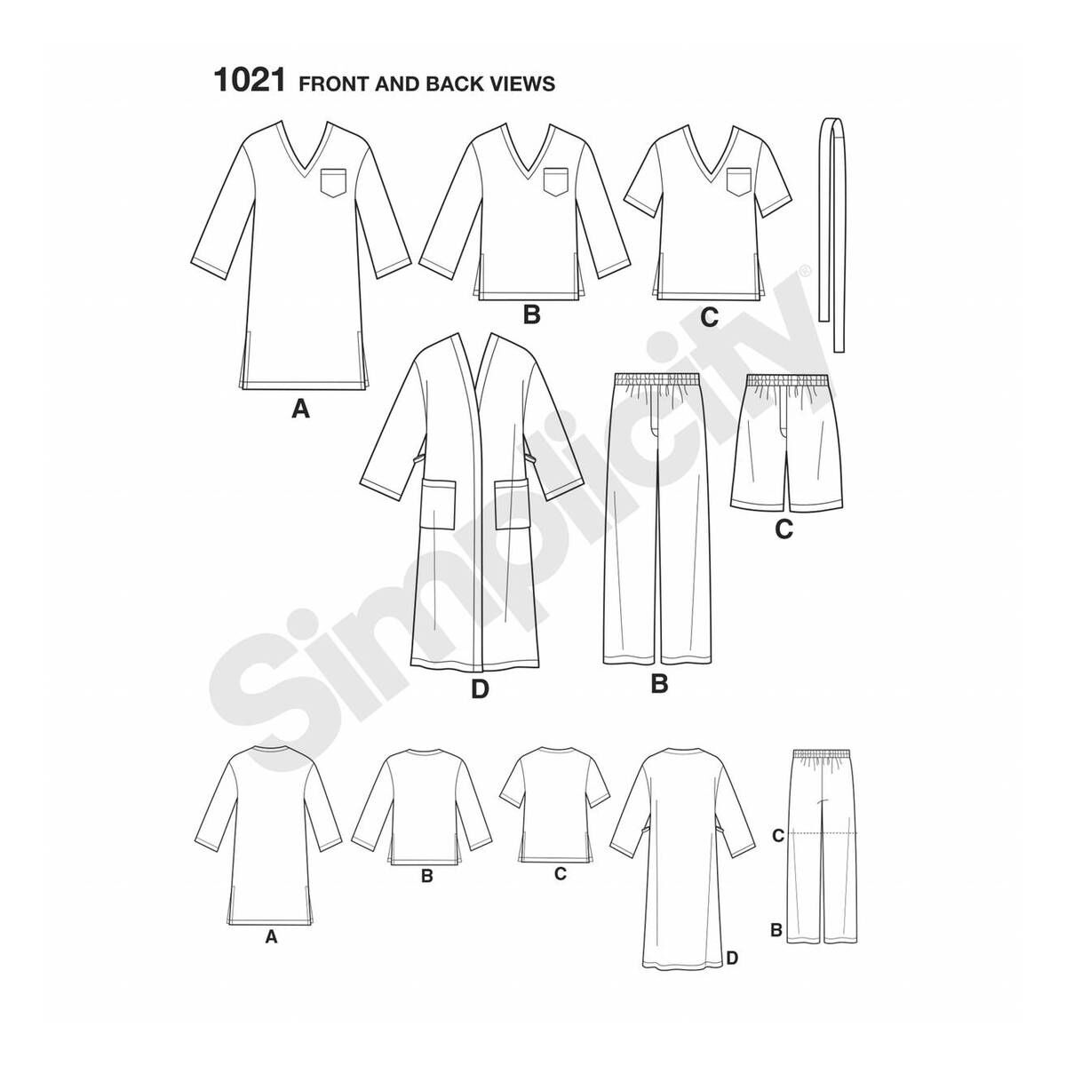 Simplicity Pyjamas and Robe Sewing Pattern 1021 (XS-XL) | Hobbycraft