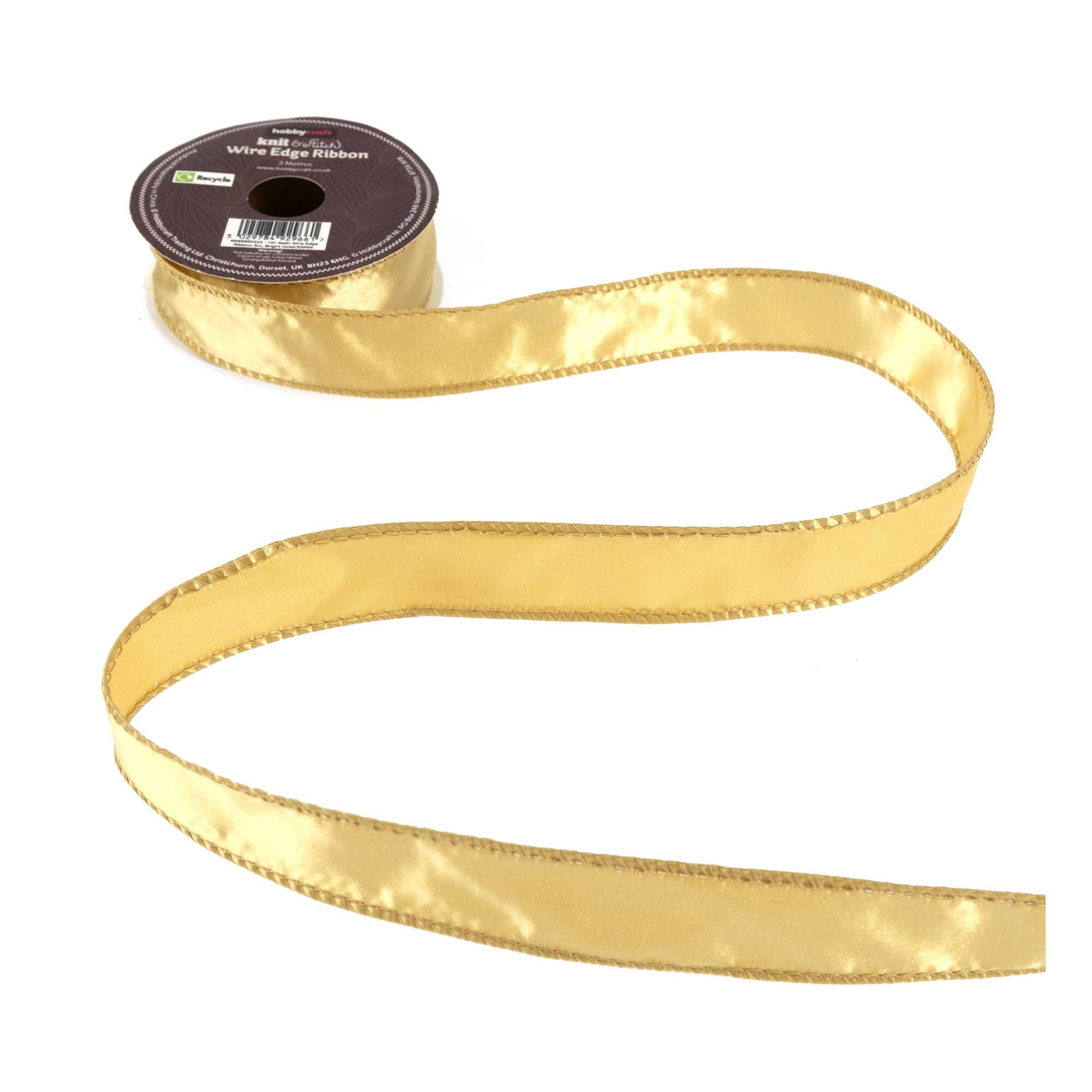 Bright Gold Wire Edge Satin Ribbon 25mm x 3m | Hobbycraft