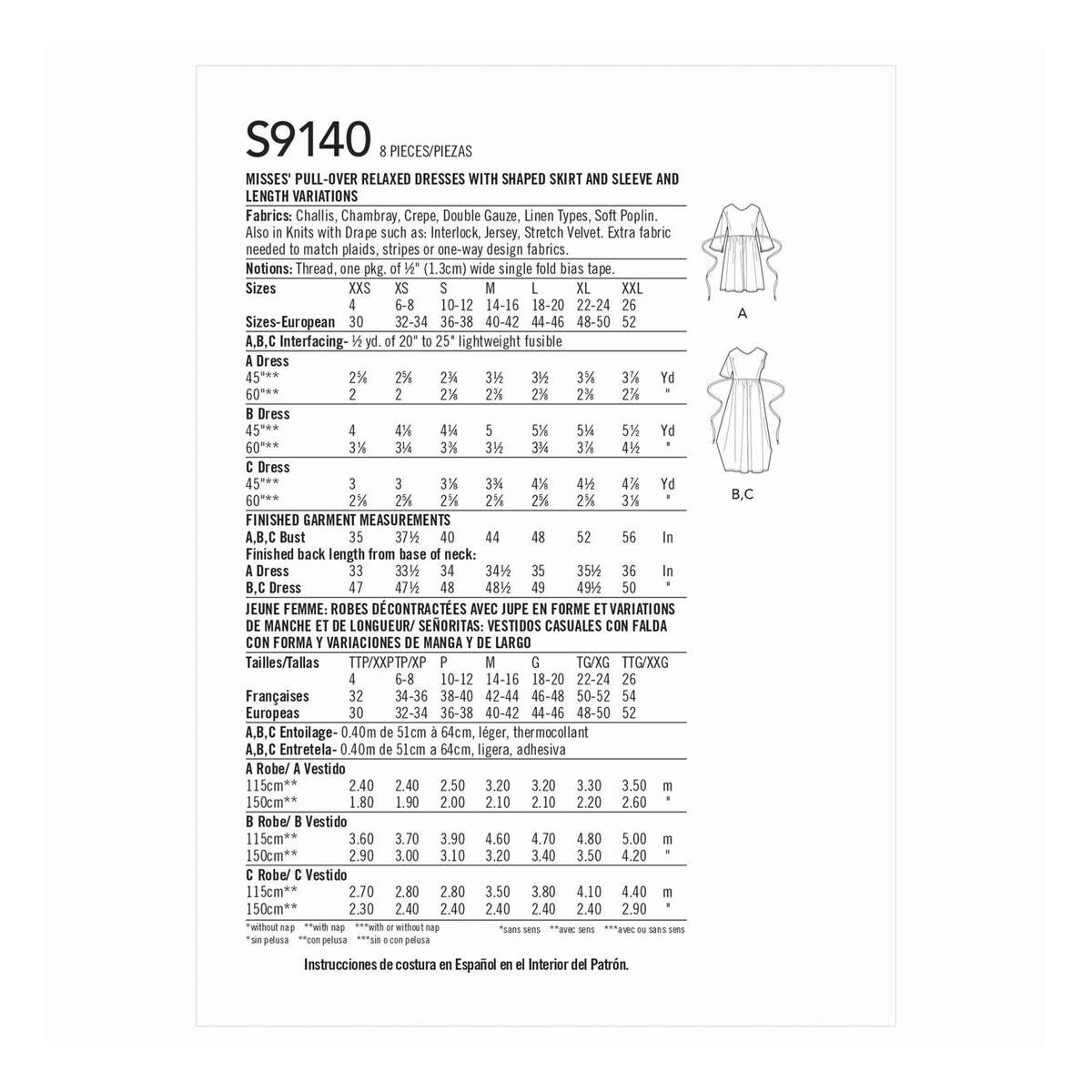 Simplicity Pullover Dress Sewing Pattern S9140 (XXS-XXL) | Hobbycraft