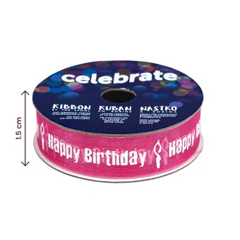 White On Hot Pink Happy Birthday Ribbon 15mm x 3.5m | Hobbycraft