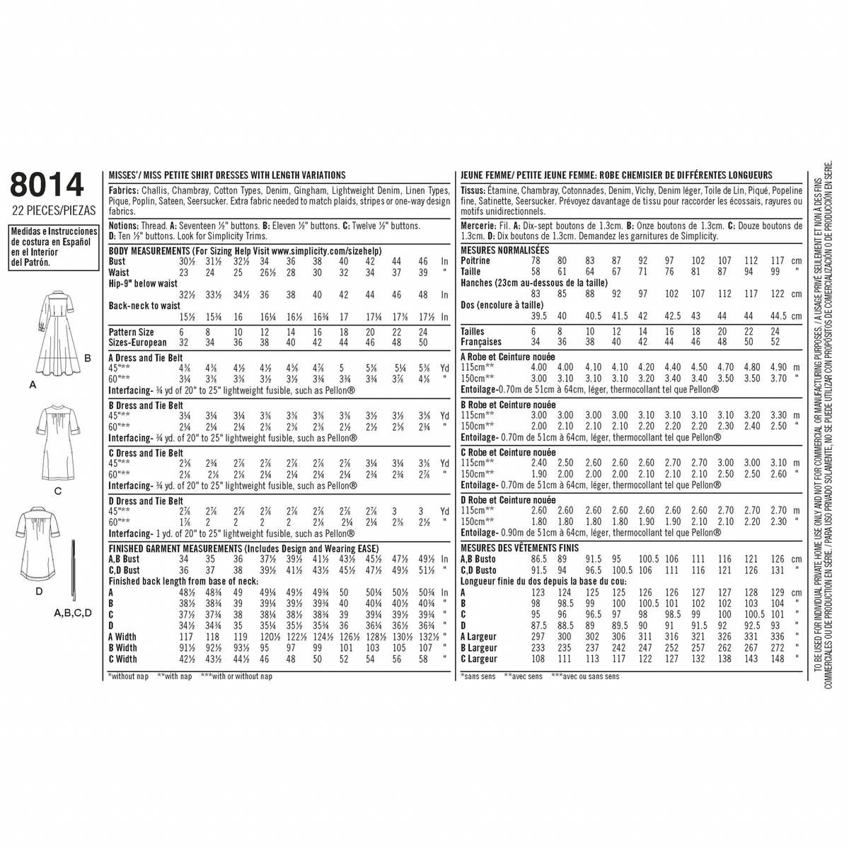 Simplicity Shirt Dress Sewing Pattern 8014 (16-24) | Hobbycraft