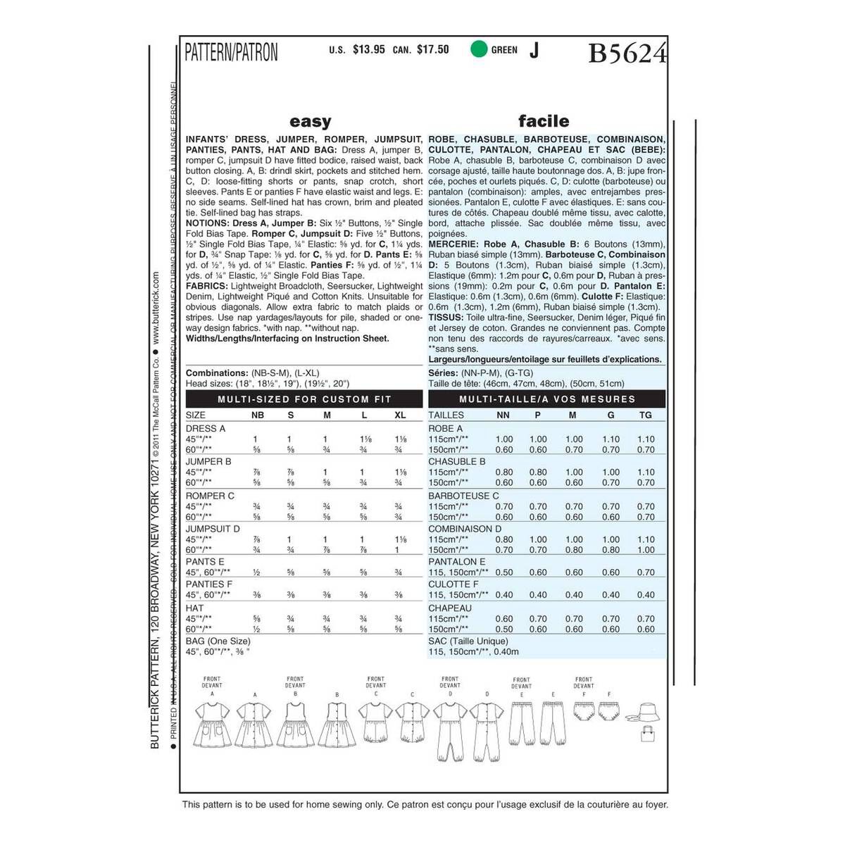 Butterick Baby Set Sewing Pattern B5624 (NB) | Hobbycraft