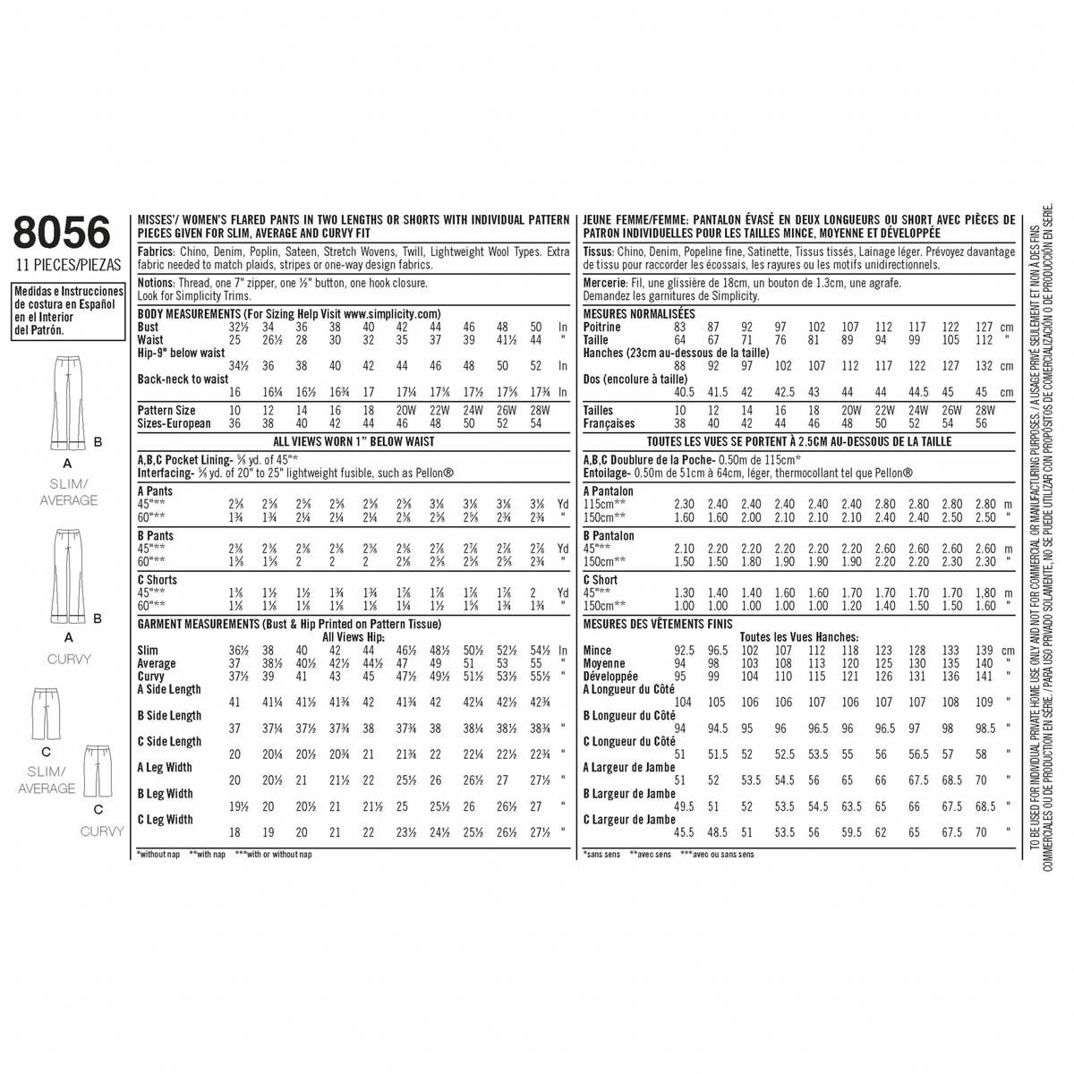 Simplicity Amazing Fit Trousers Sewing Pattern 8056 (10-18) | Hobbycraft