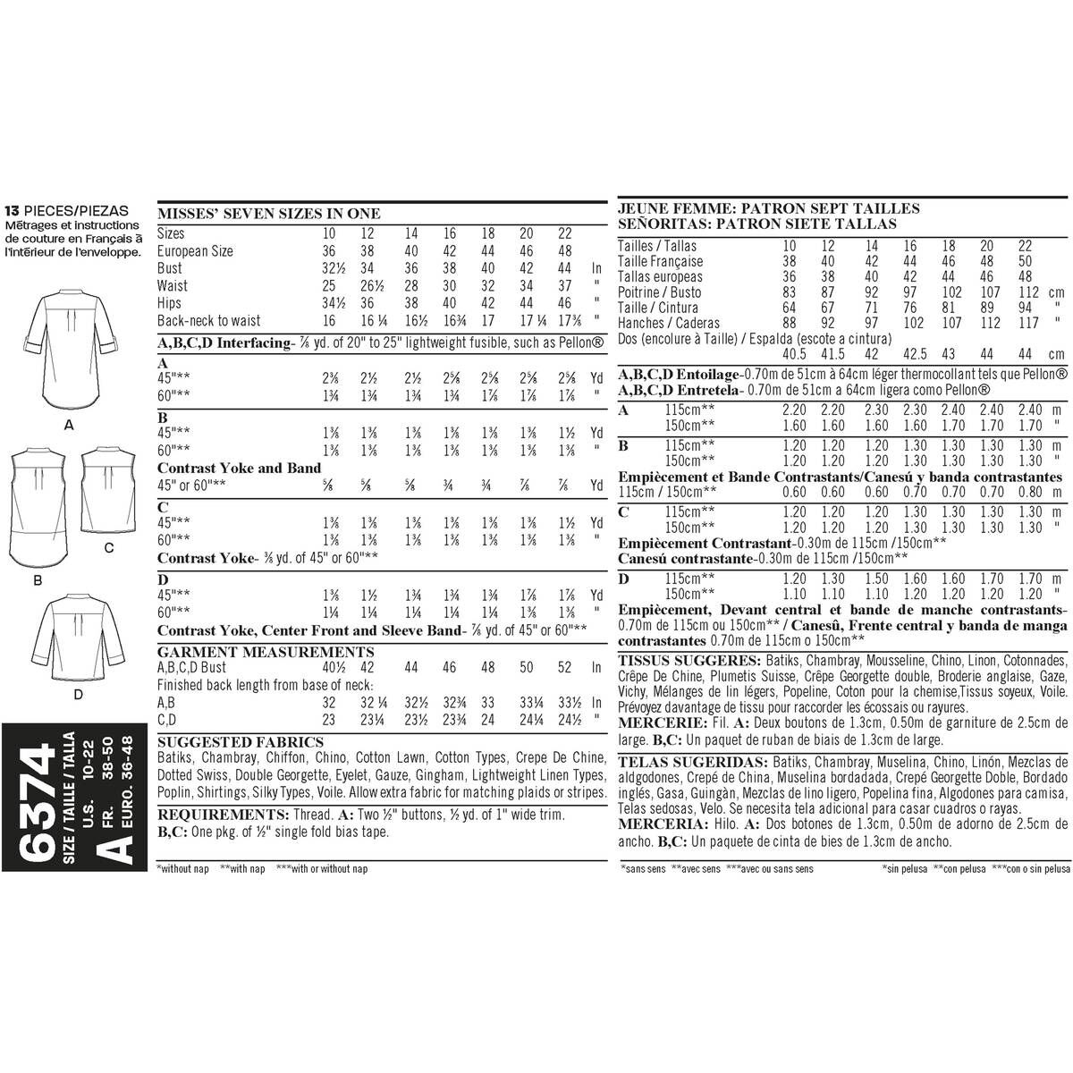 New Look Women's Shirt Sewing Pattern 6374 | Hobbycraft