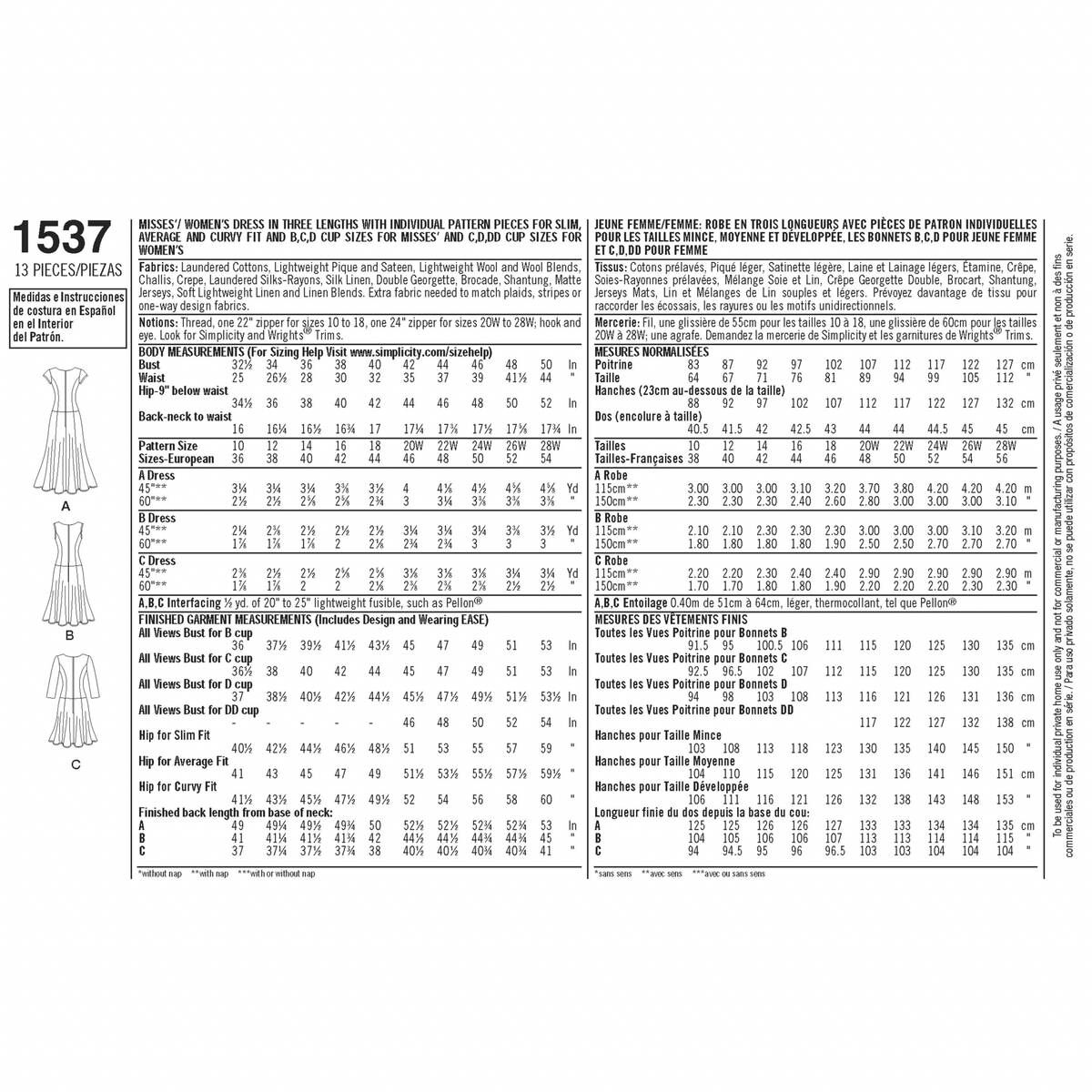 Simplicity Amazing Fit Dress Sewing Pattern 1537 (10-18) | Hobbycraft