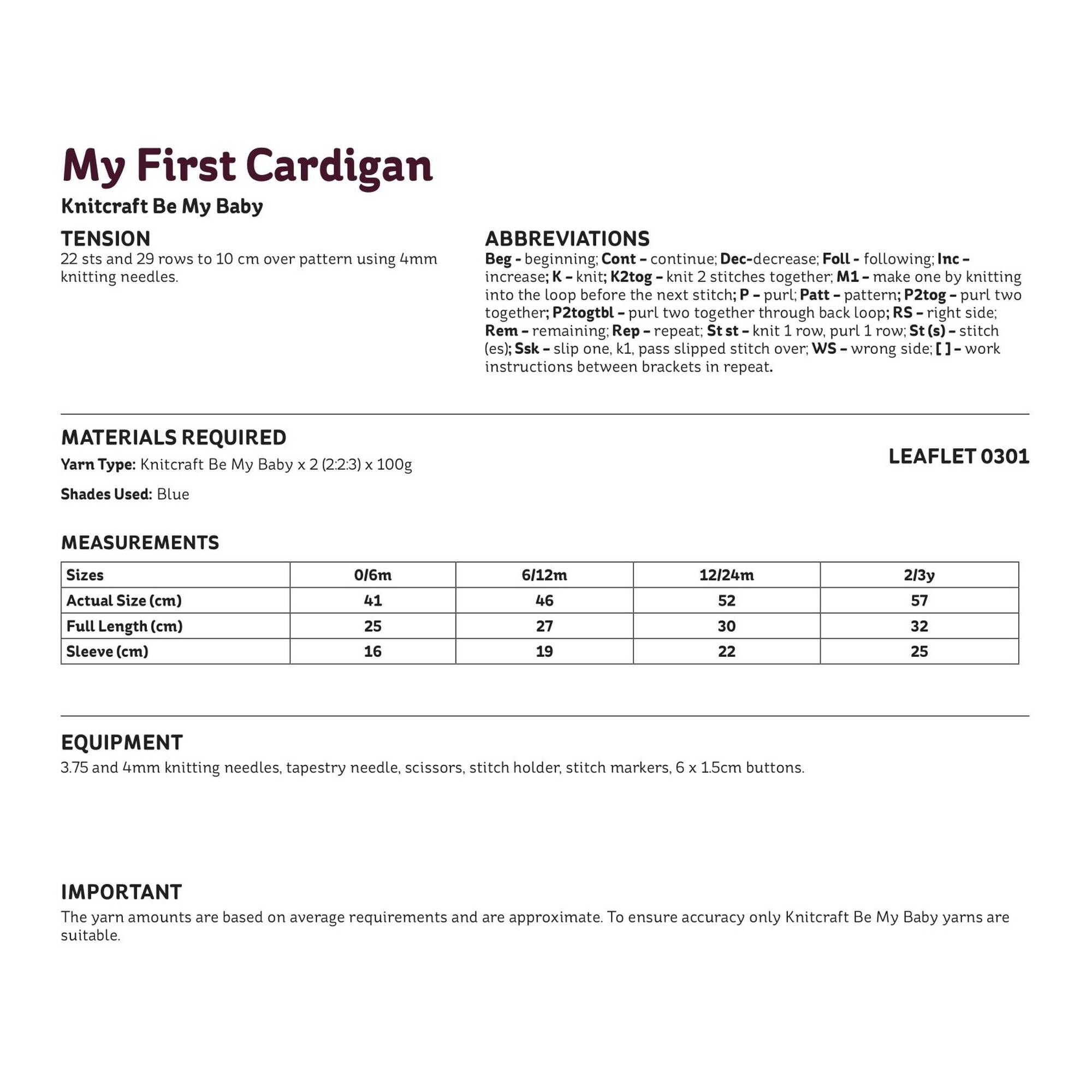 Knitcraft My First Cardigan Digital Pattern 0301 | Hobbycraft