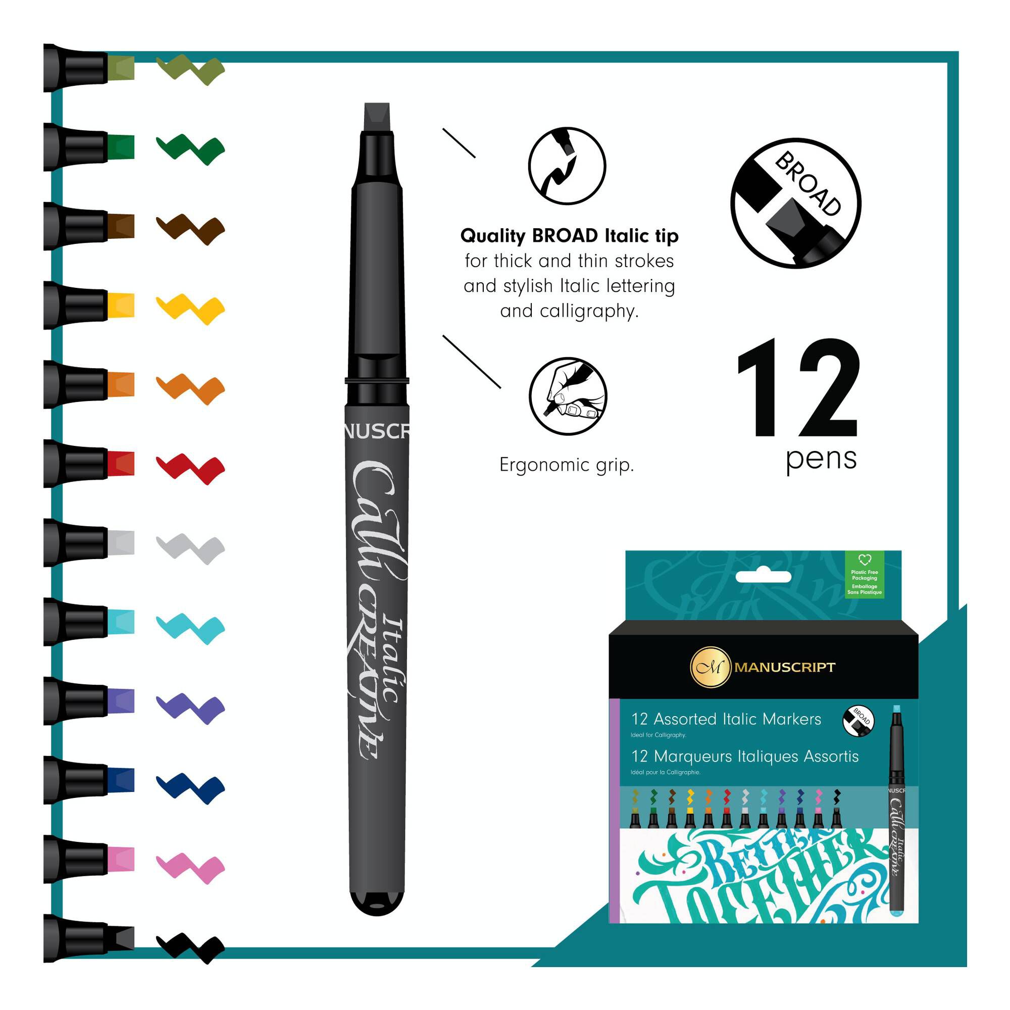 Italic Broad Markers Coloured 12 Pieces | Hobbycraft