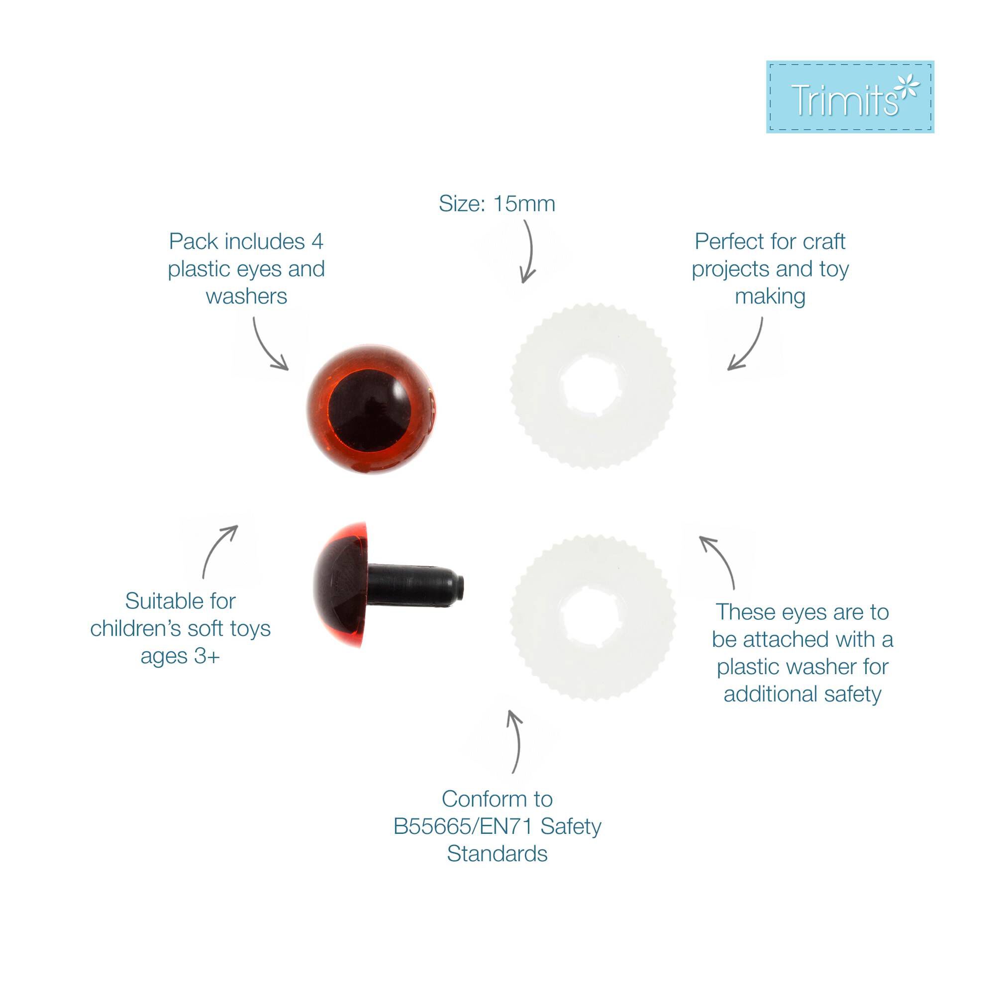 Trimits Amber Toy Safety Eyes 15mm 4 Pack | Hobbycraft