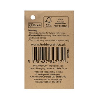 Hanging Wooden Heart Slice 15cm | Hobbycraft