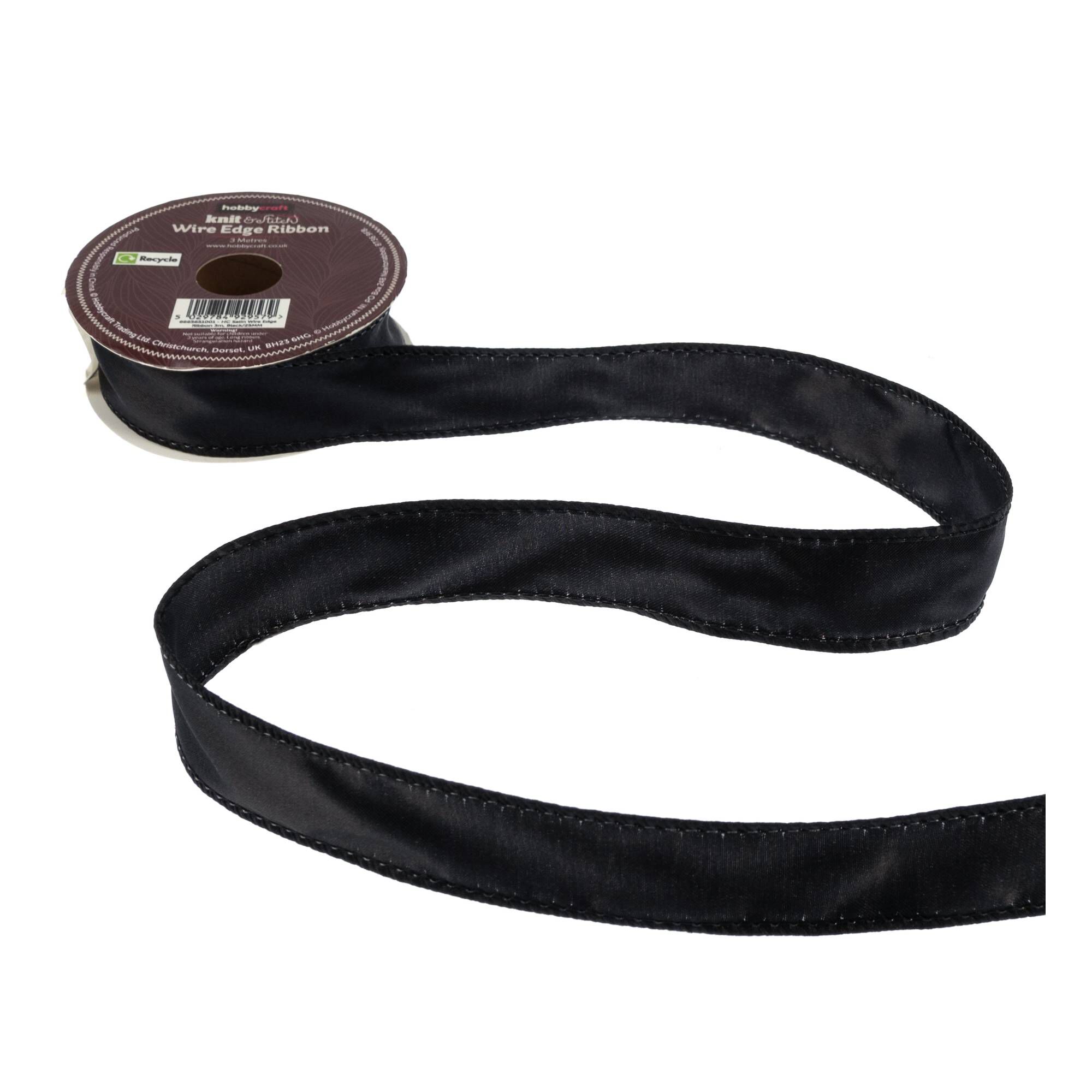 Black Wire Edge Satin Ribbon 25mm x 3m | Hobbycraft