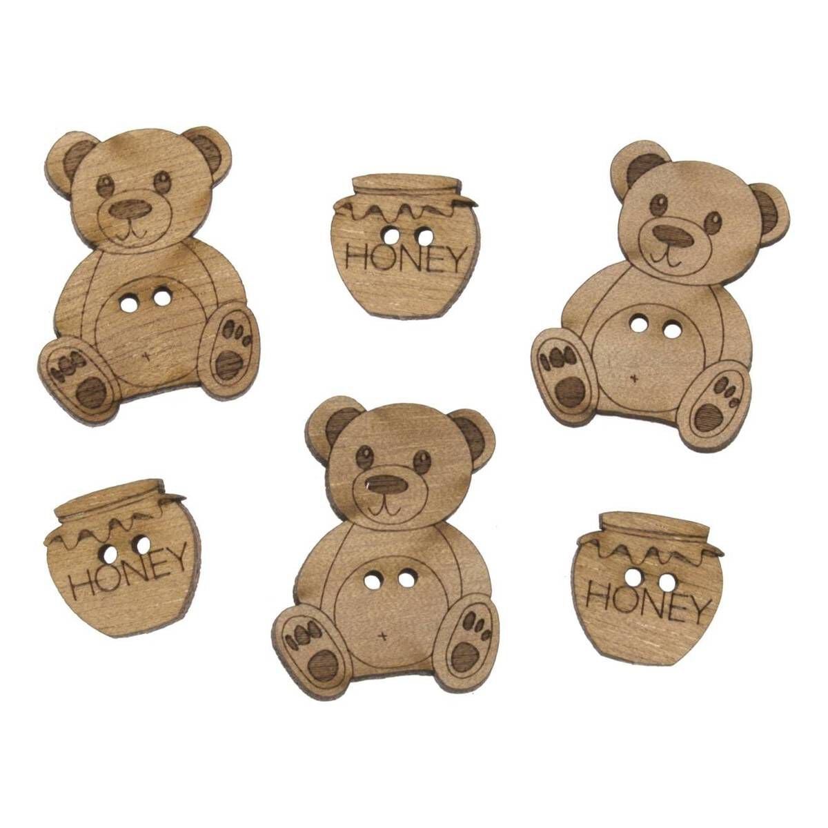 Trimits Wooden Teddy Bear Buttons 6 Pieces | Hobbycraft