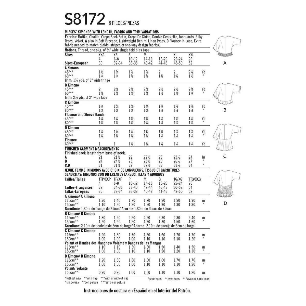 Simplicity Kimono Sewing Pattern S8172 (XXS-XXL) | Hobbycraft