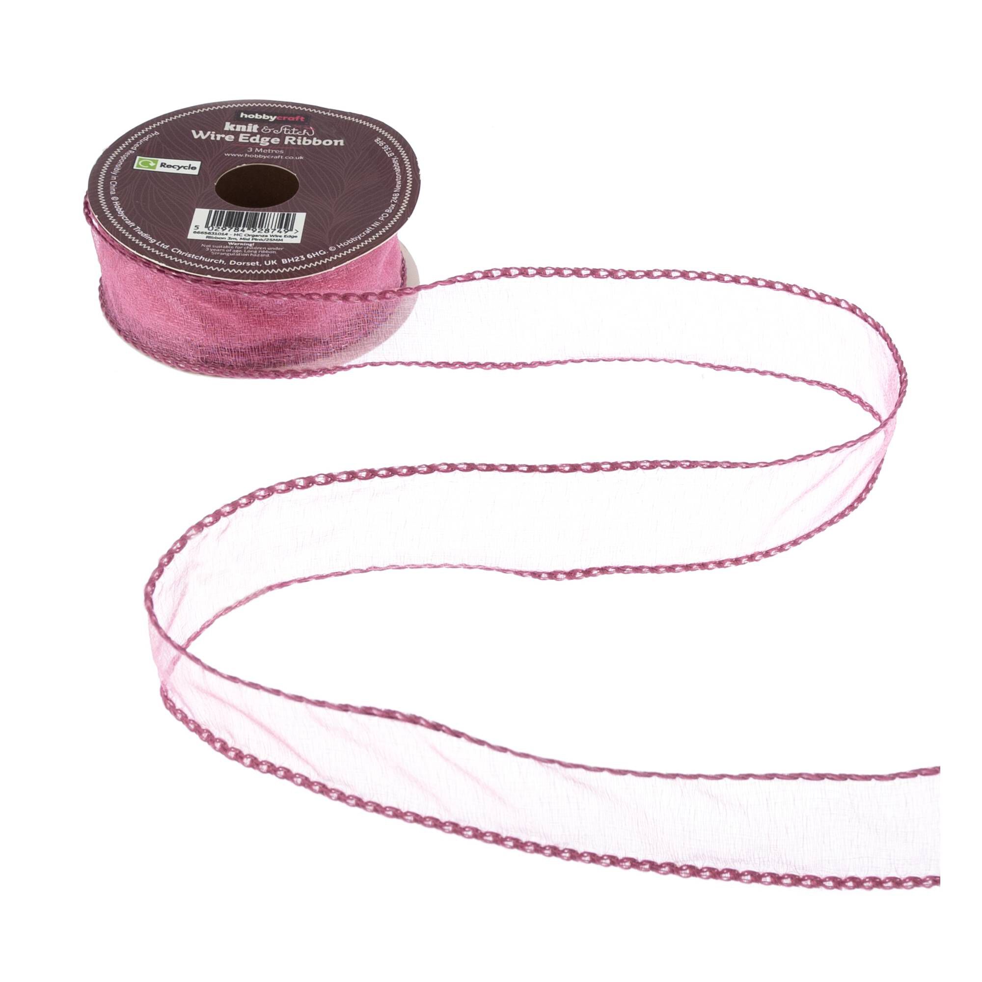 Mid Pink Wire Edge Organza Ribbon 25mm x 3m | Hobbycraft
