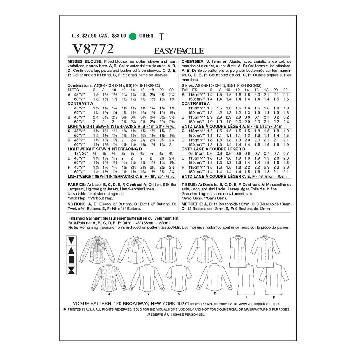 Vogue Women’s Blouse Sewing Pattern V8772 (14-22) | Hobbycraft
