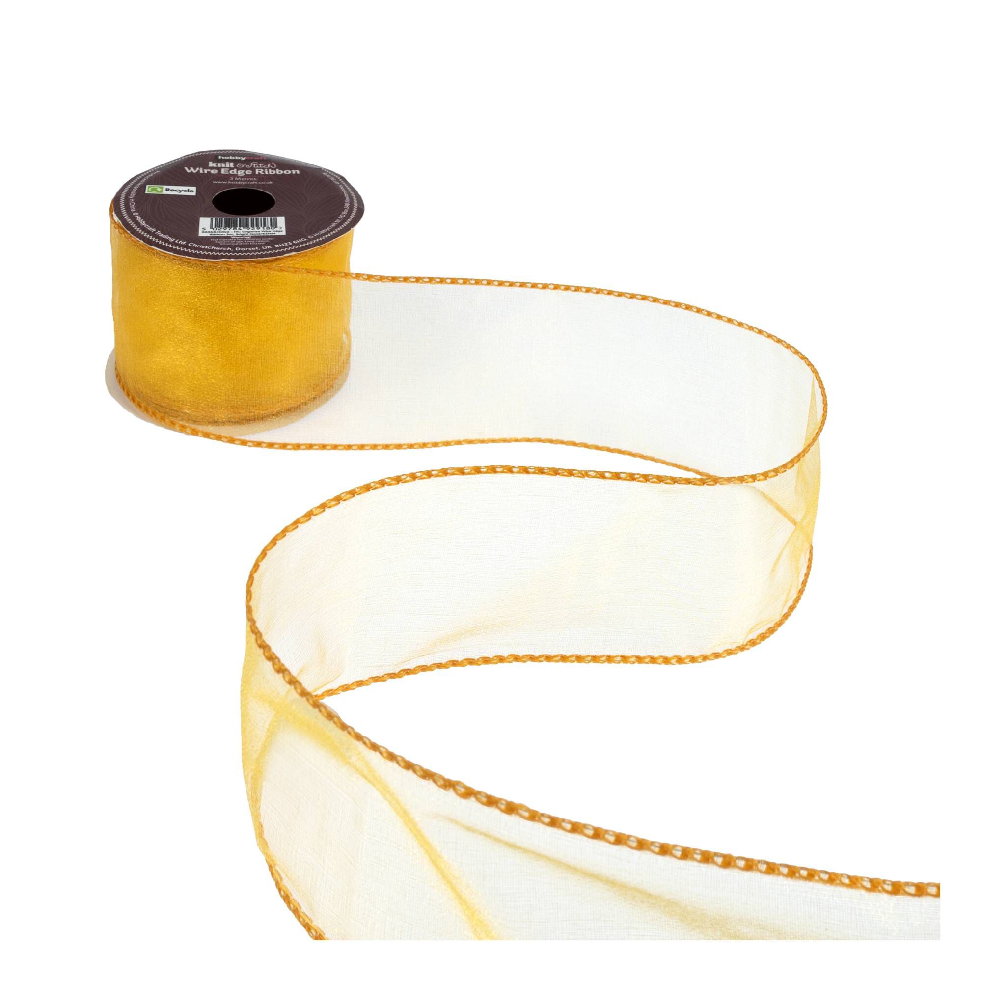 Bright Gold Wire Edge Organza Ribbon 63mm x 3m | Hobbycraft