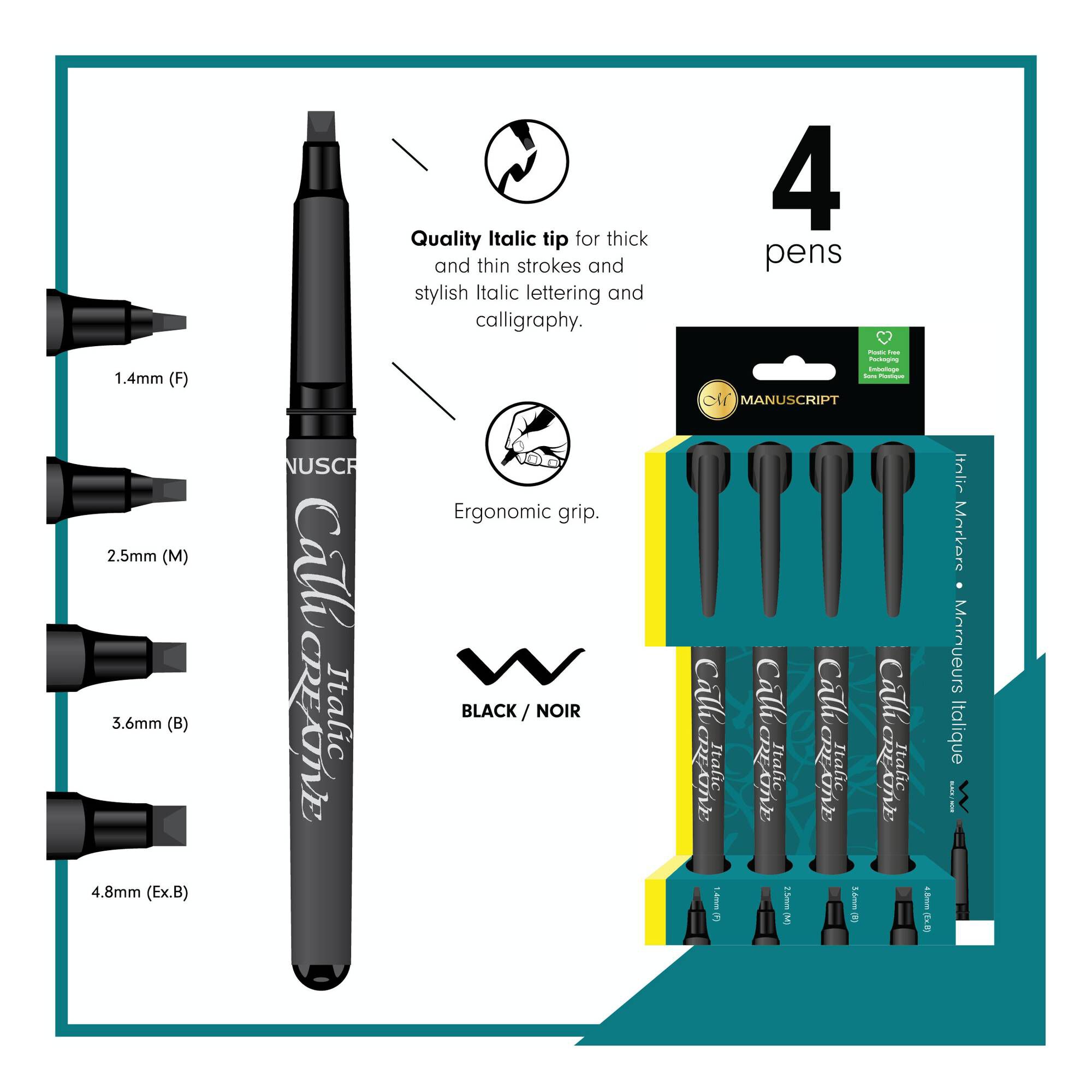 Manuscript Italic Black Marker 4 Pack | Hobbycraft