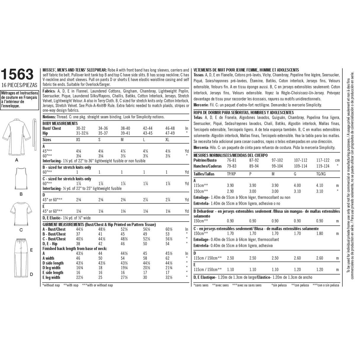 Simplicity PJs and Loungewear Sewing Pattern 1563 | Hobbycraft