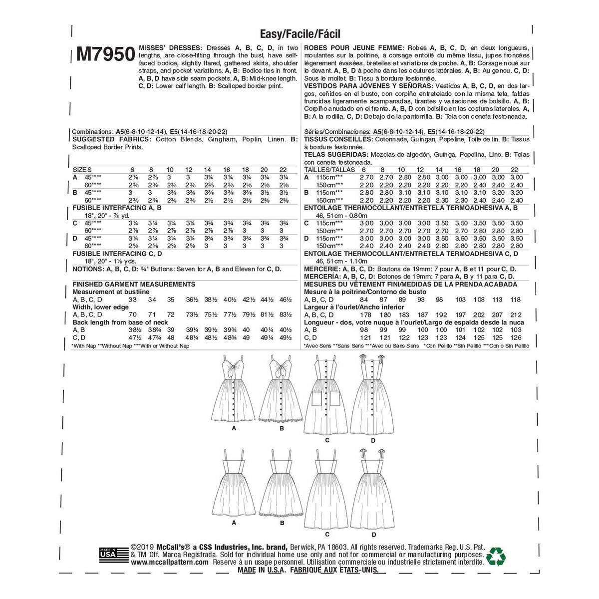 McCall’s Women’s Dresses Sewing Pattern M7950 (6-14) | Hobbycraft