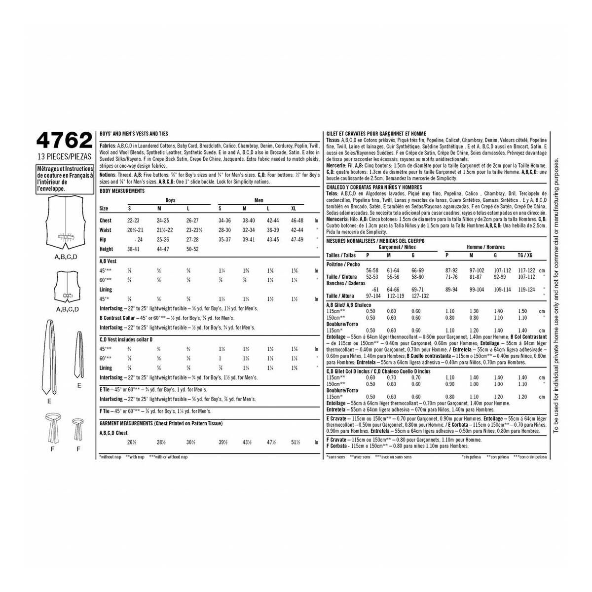 Simplicity Waistcoats and Ties Sewing Pattern 4762 | Hobbycraft