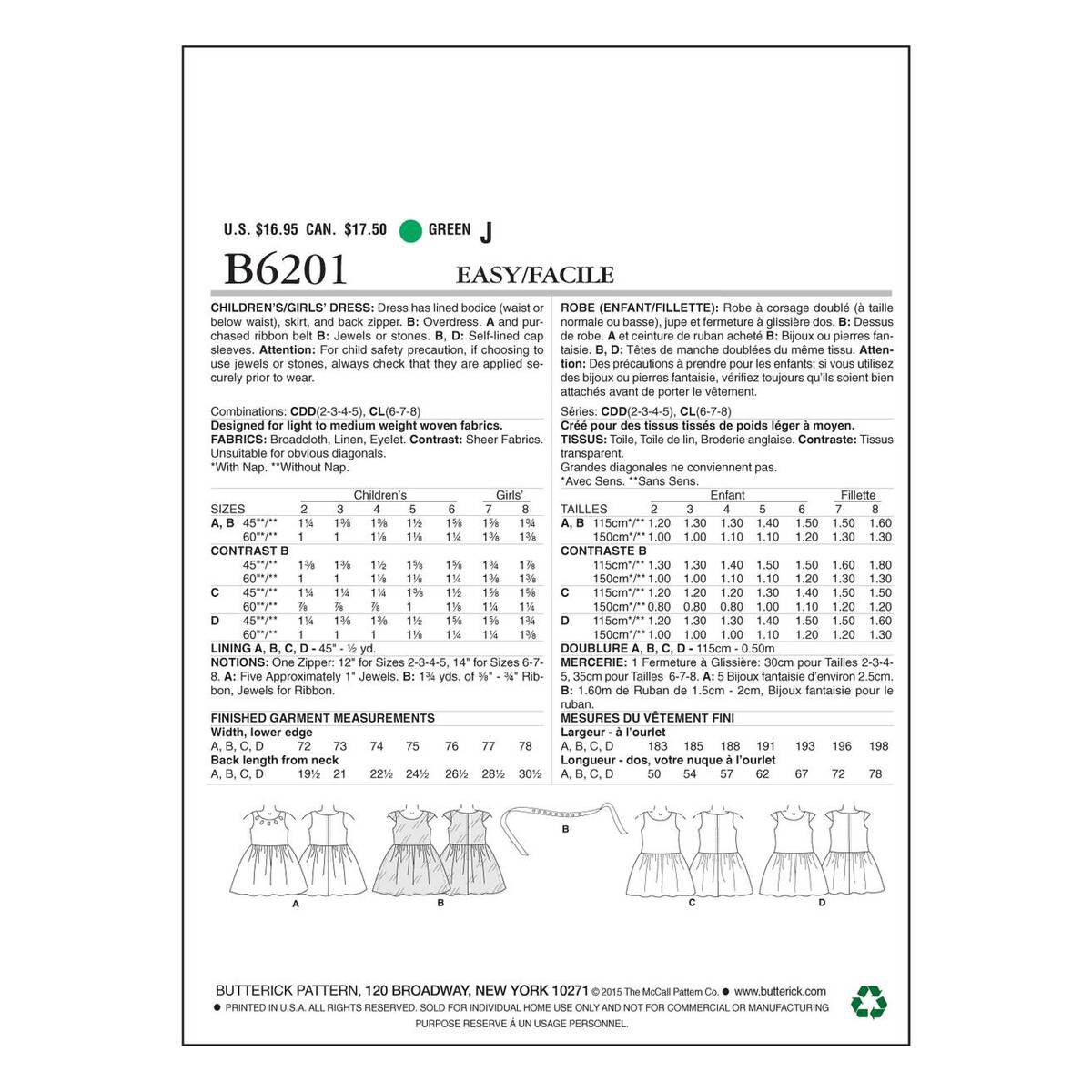 Butterick Children’s Dress Sewing Pattern B6201 (2-5) | Hobbycraft