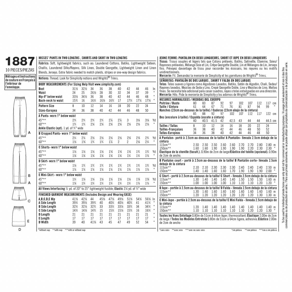 Simplicity Trousers and Skirt Sewing Pattern 1887 (16-24) | Hobbycraft