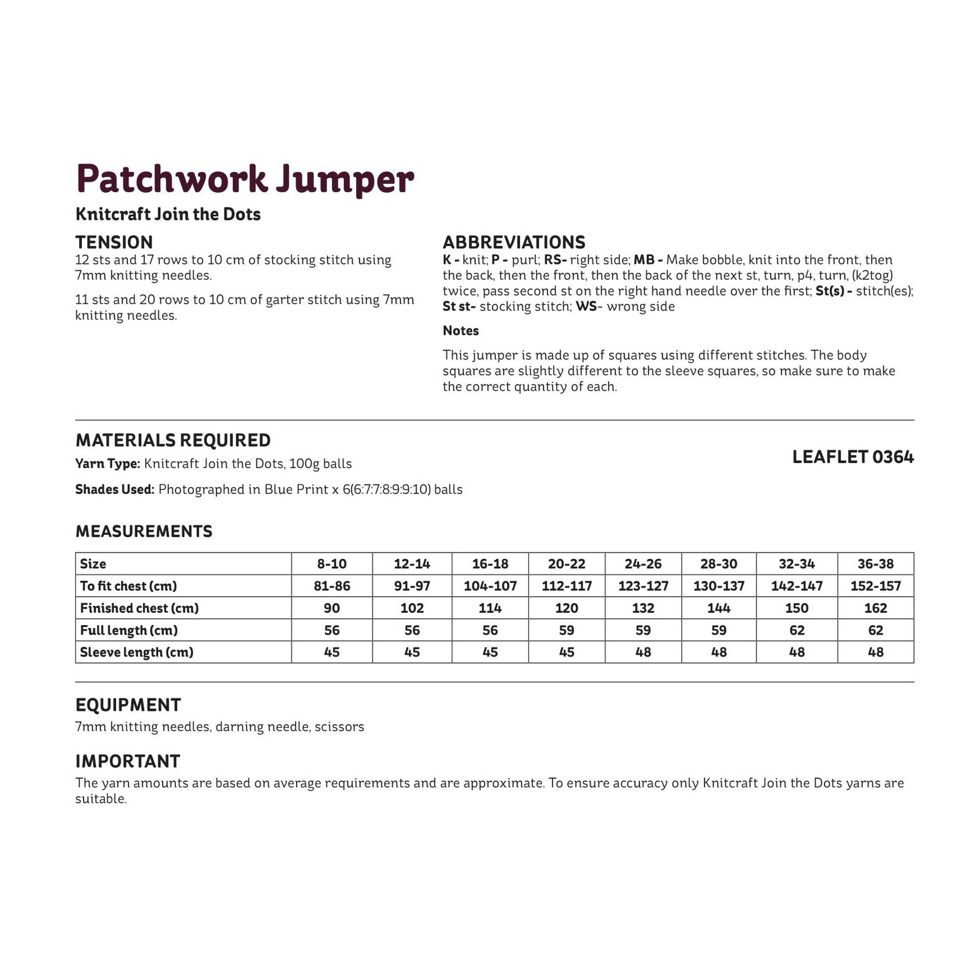 Knitcraft Patchwork Jumper Digital Pattern 0364 | Hobbycraft