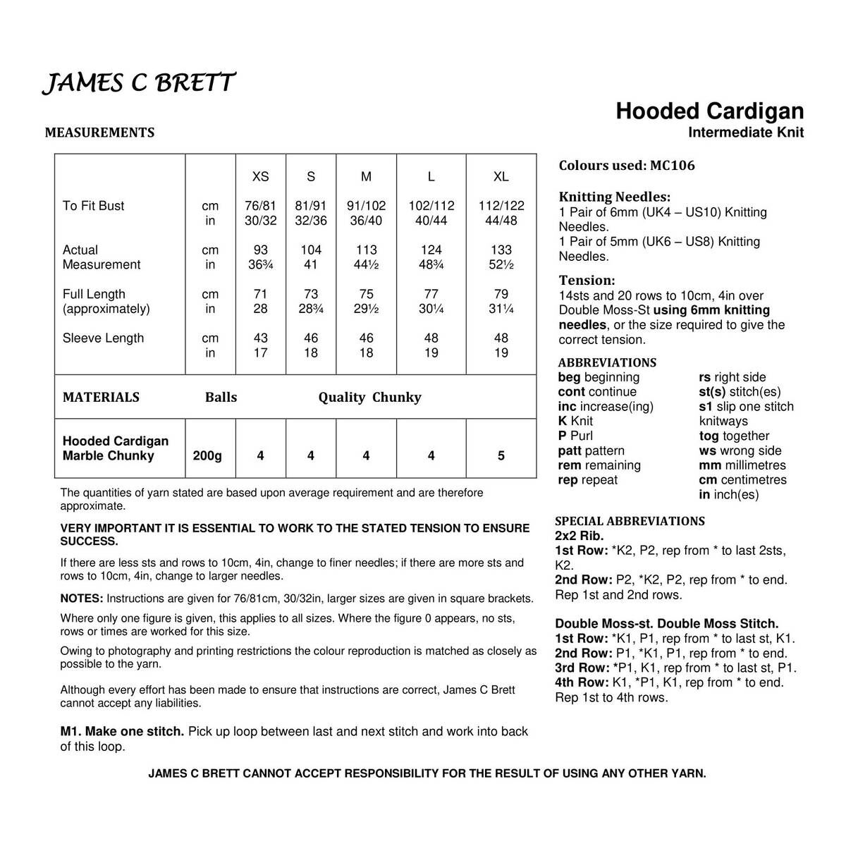 James C Brett Marble Chunky Hooded Cardigan Pattern JB798 | Hobbycraft