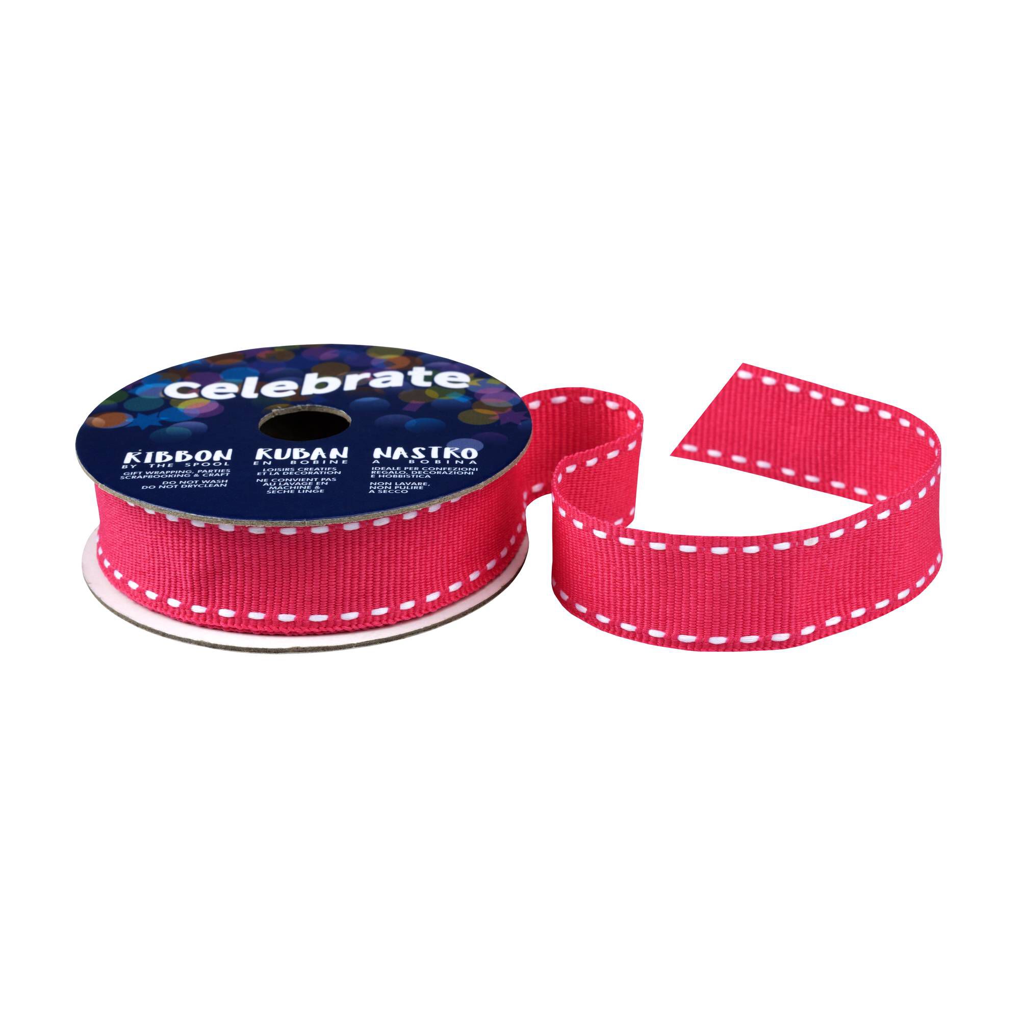Hot Pink Grosgrain Running Stitch Ribbon 15mm x 4m | Hobbycraft