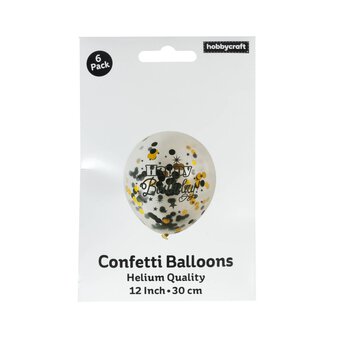 Black and Gold Happy Birthday Confetti Balloons 6 Pack | Hobbycraft