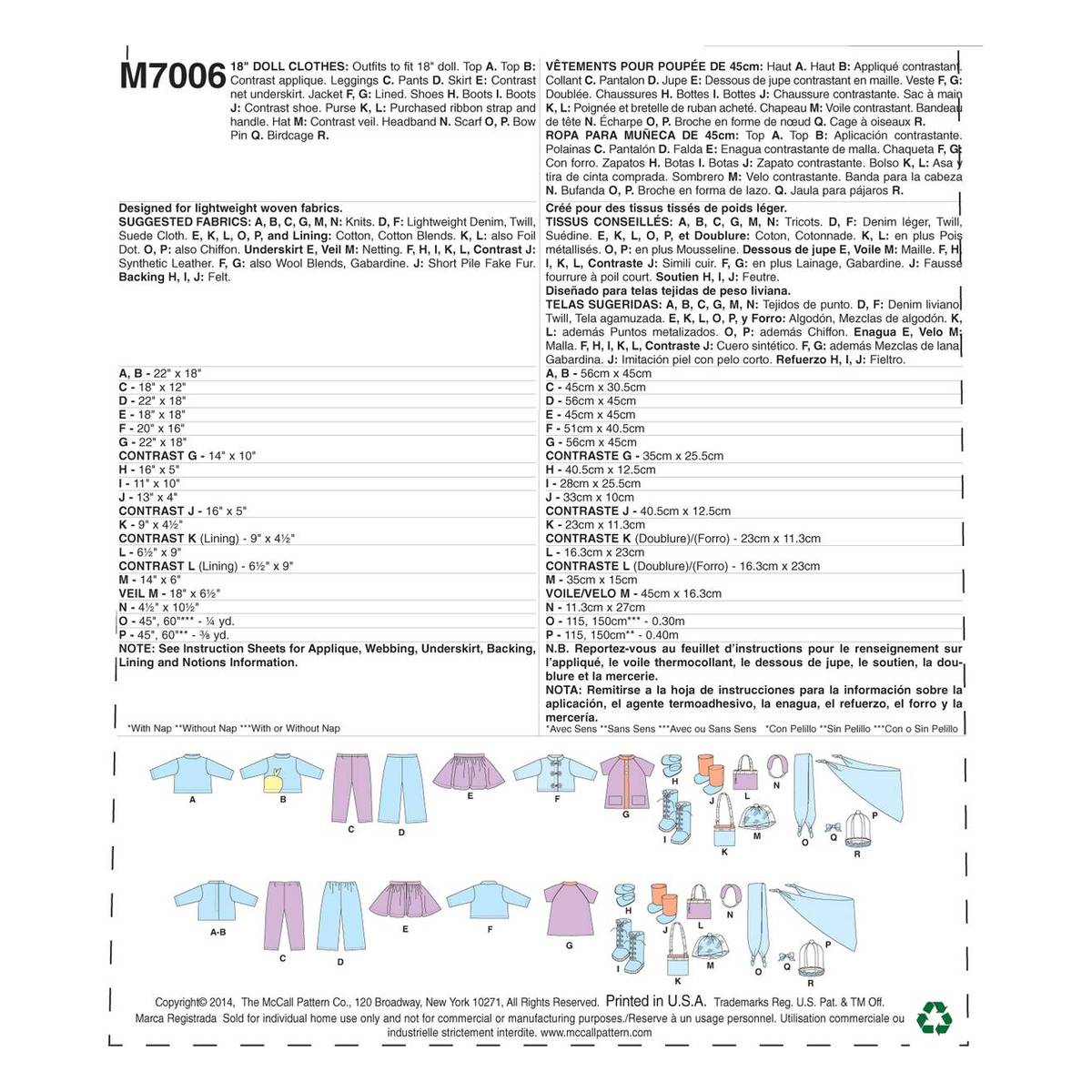 McCall’s Doll Clothes Sewing Pattern M7006 | Hobbycraft