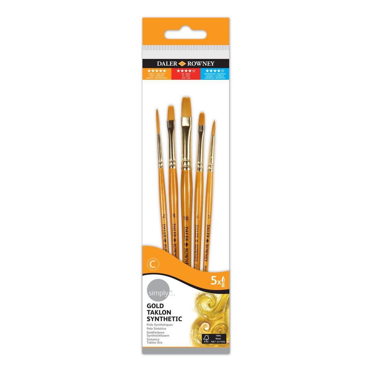 Daler-Rowney Gold Taklon Assorted Synthetic Brushes 5 Pack | Hobbycraft