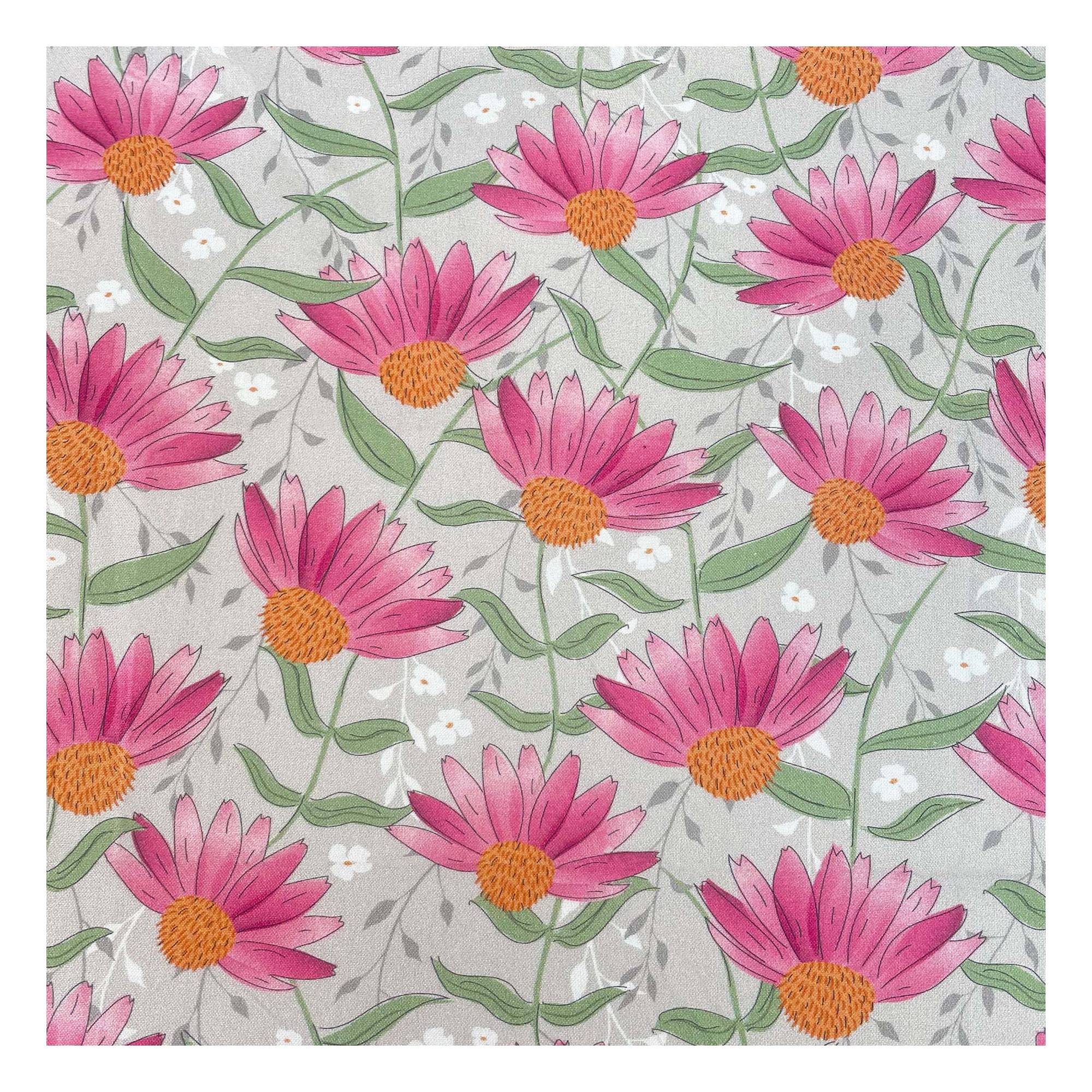 WI Grey Cone Flower Cotton Fabric by the Metre | Hobbycraft