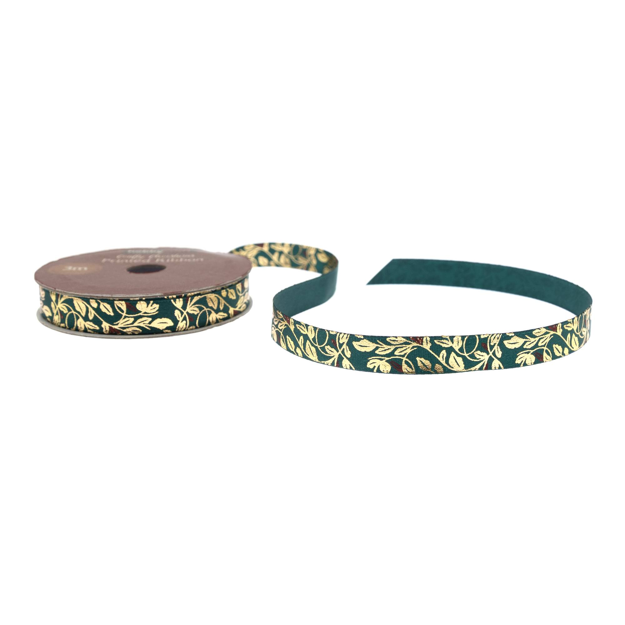 Green and Gold Metallic Leaf Printed Ribbon 10mm x 3m | Hobbycraft