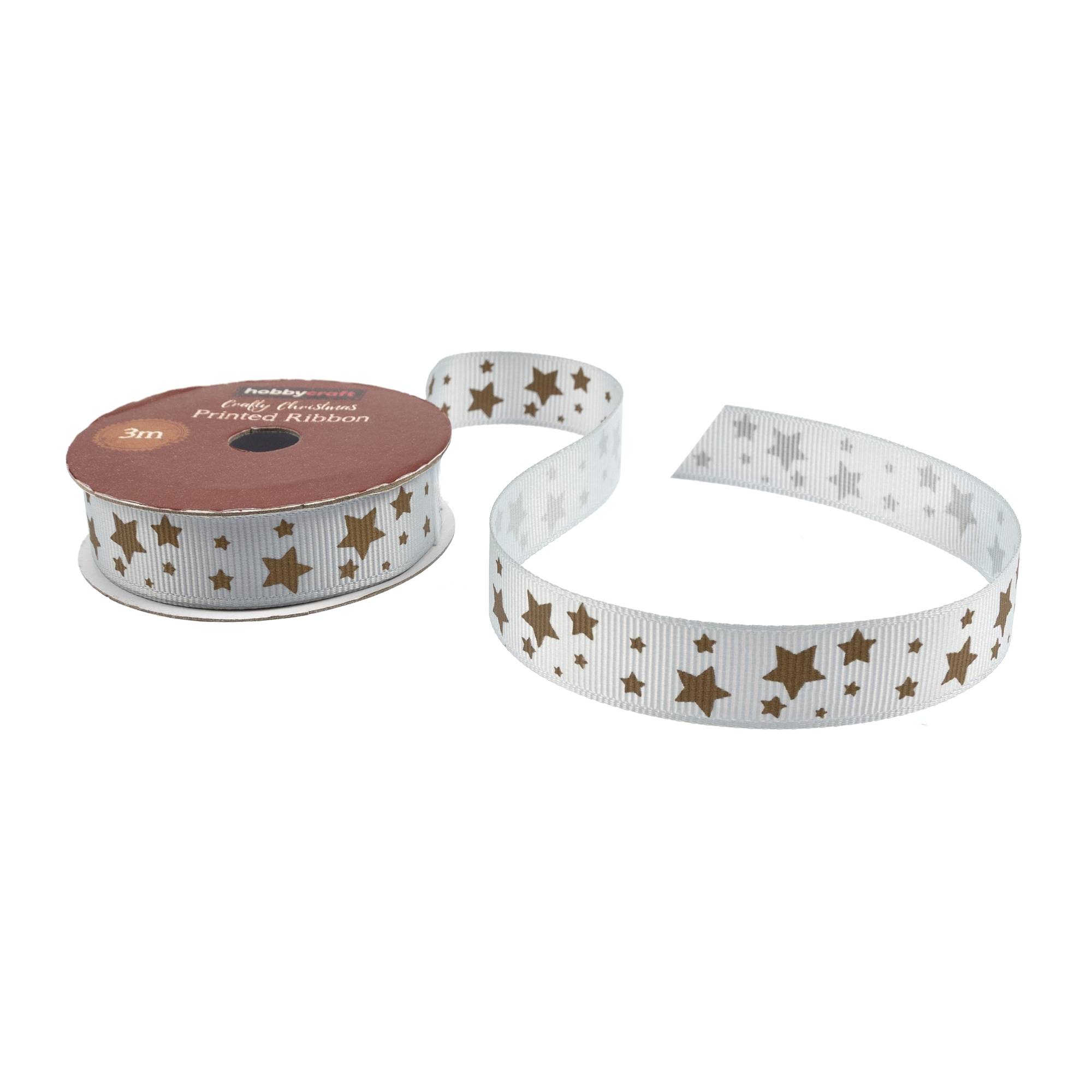 White and Gold Star Printed Ribbon 15mm x 3m | Hobbycraft