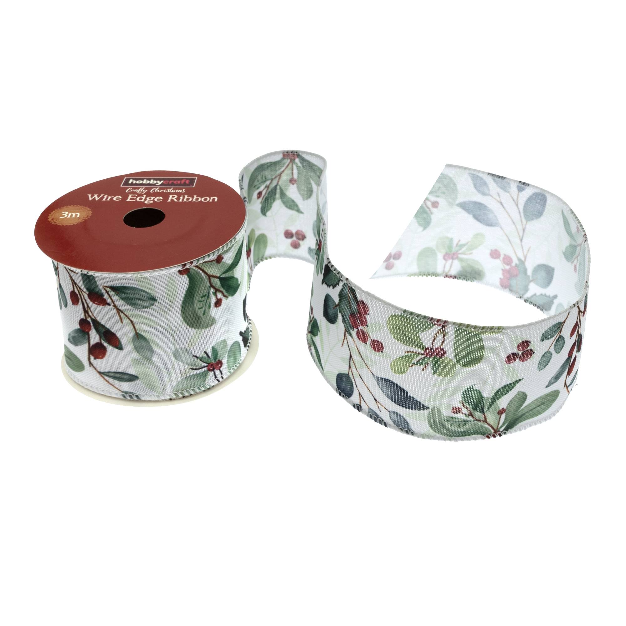 Watercolour Mistletoe Wire Edge Printed Ribbon 63mm x 3m | Hobbycraft